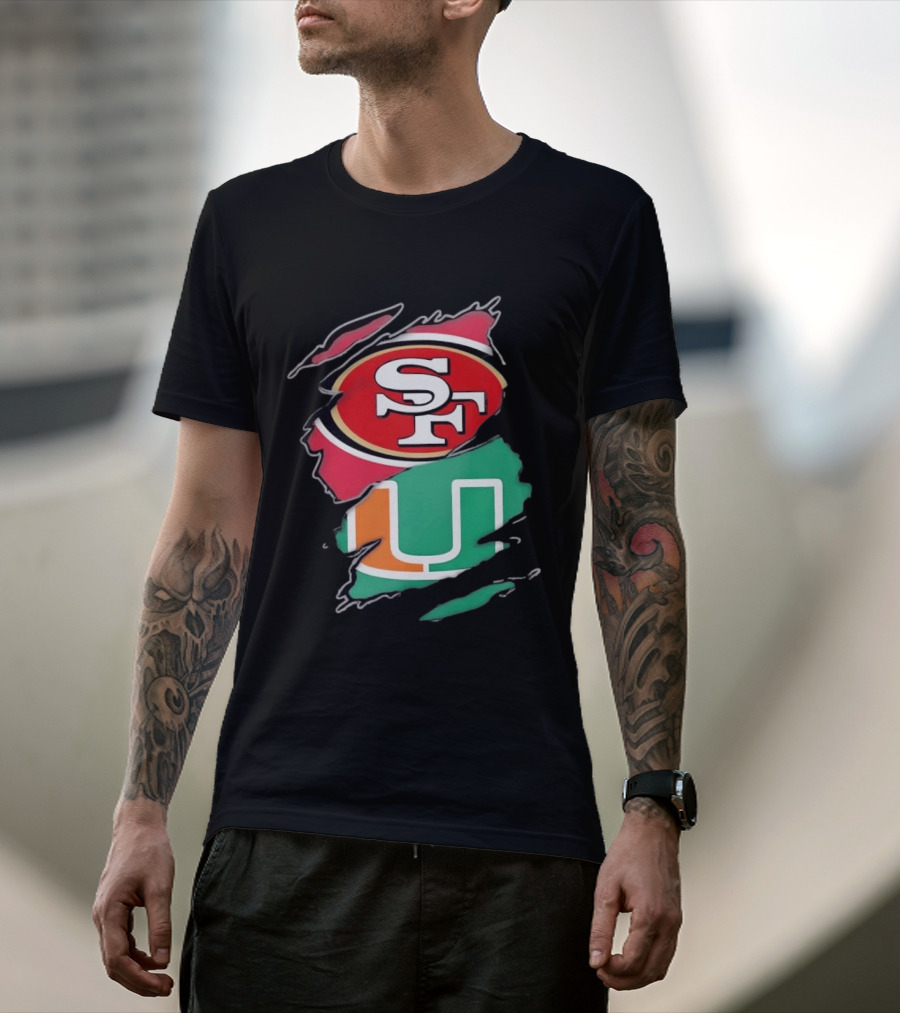 San Francisco 49ers SF And Miami Hurricanes U Distressed Logos T-Shirt