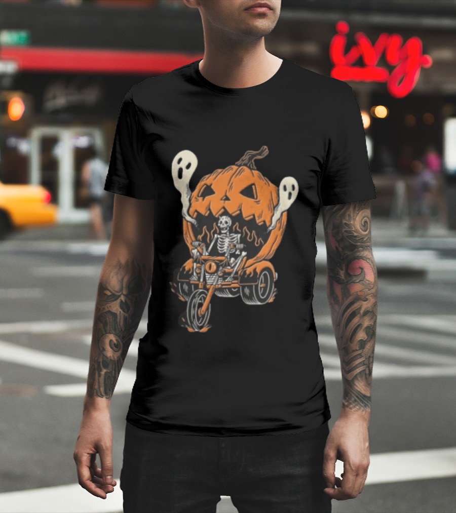 Skeleton Riding Tricycle Inside Giant Pumpkin With Ghosts Halloween T-Shirt