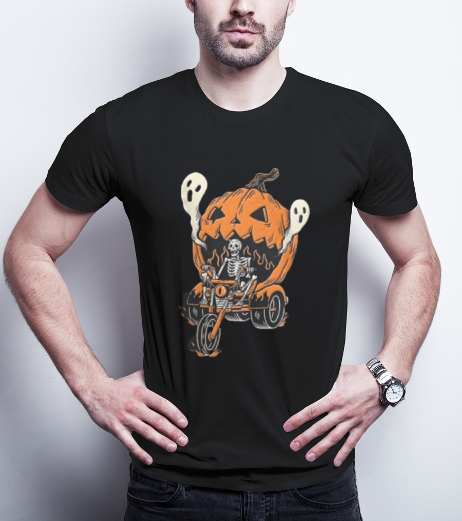 Skeleton Riding Tricycle Inside Giant Pumpkin With Ghosts Halloween T-Shirt