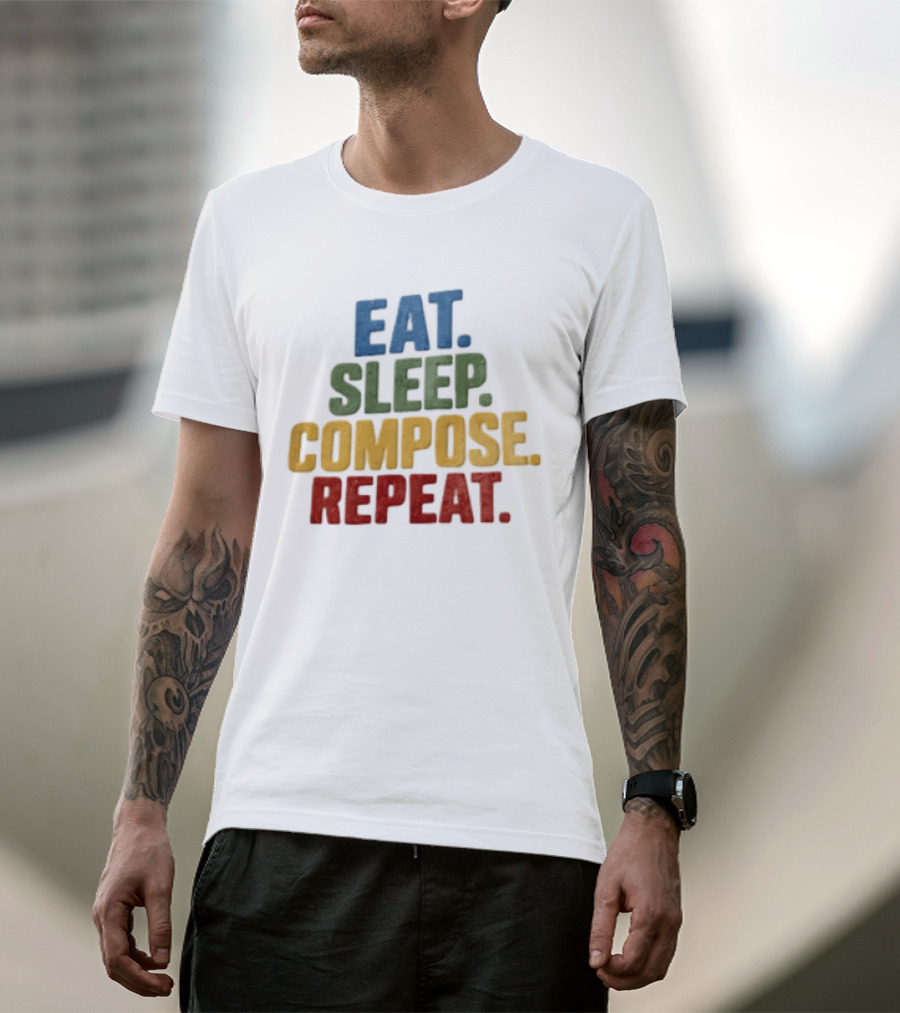 EAT Sleep Compose Repeat Distressed Block Multicolored T-Shirt