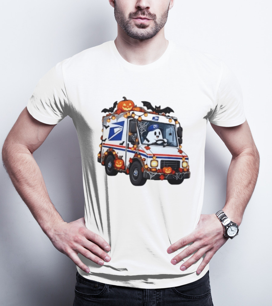 Halloween Ghost Driving USPS Mail Truck With Pumpkins And Bats T-Shirt