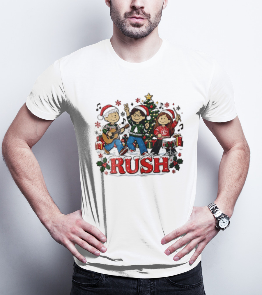 Rush Christmas Cartoon Characters Playing Instruments Festive Holiday Scene T-Shirt