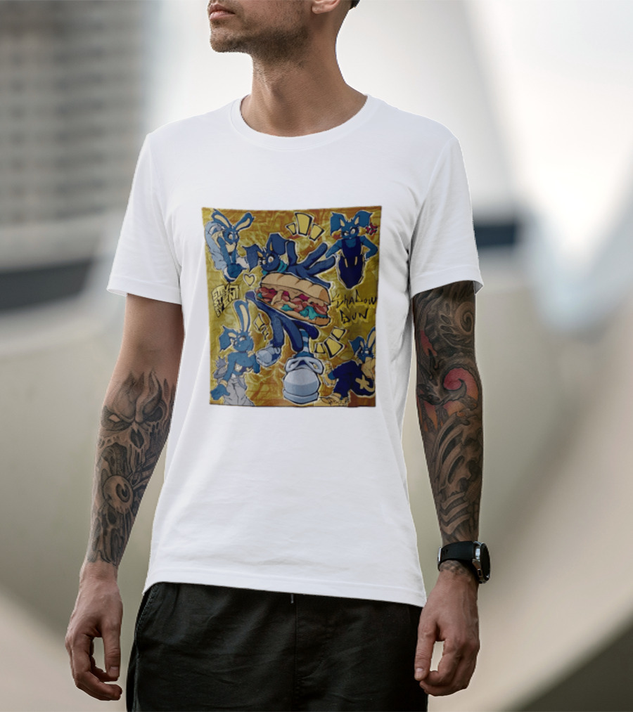 Shadow Bun Blue Rabbit Characters With Sandwich And Stevobeni T-Shirt