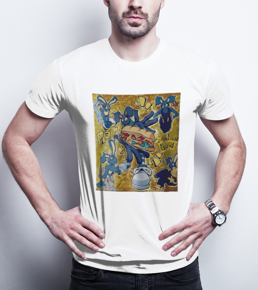 Shadow Bun Blue Rabbit Characters With Sandwich And Stevobeni T-Shirt