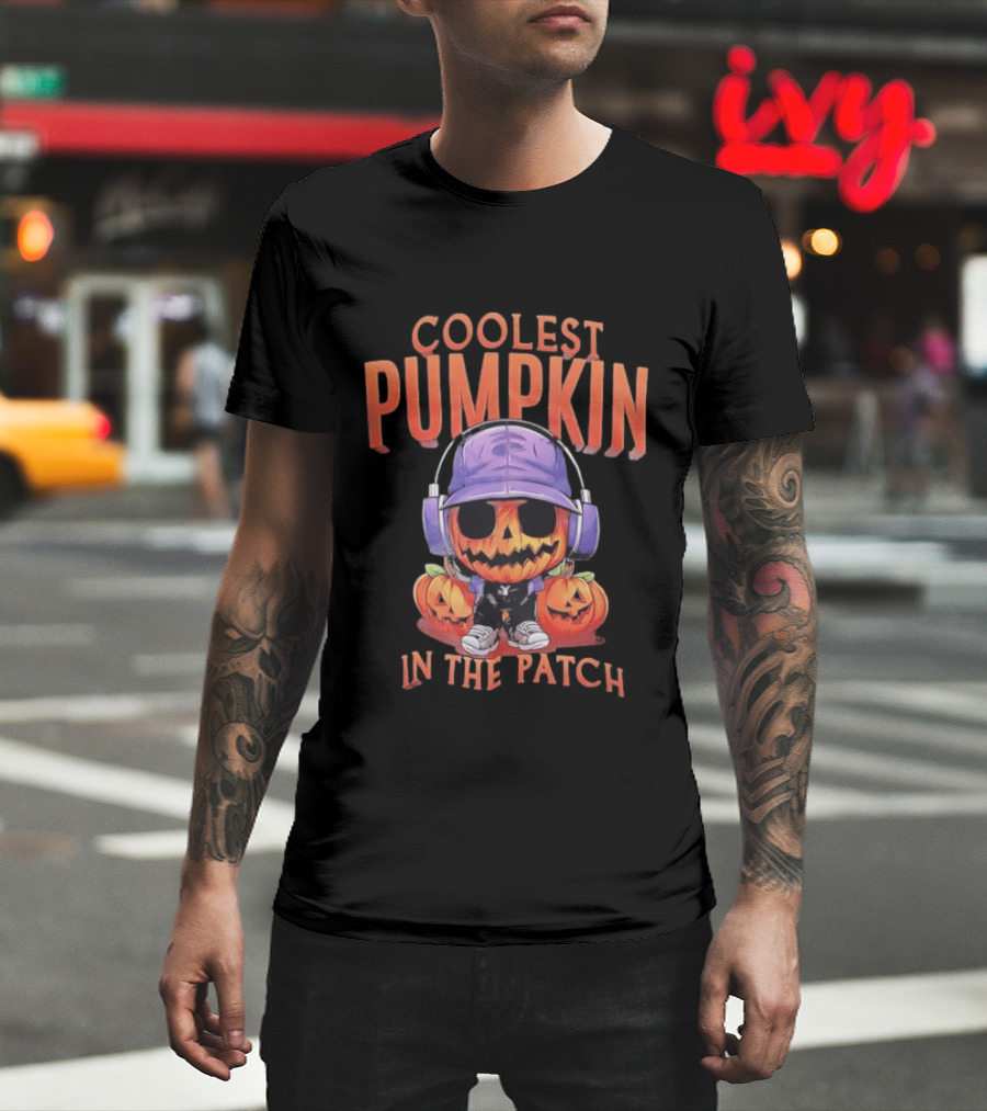 Coolest Pumpkin In The Patch Halloween Pumpkin With Headphones And Sunglasses T-Shirt