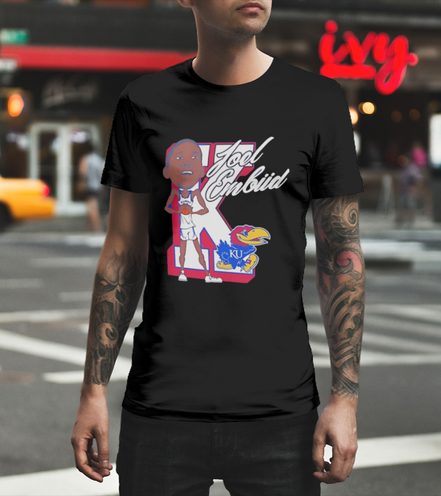 Joel Embiid Kansas Jayhawks KU Cartoon Bobblehead T-Shirt