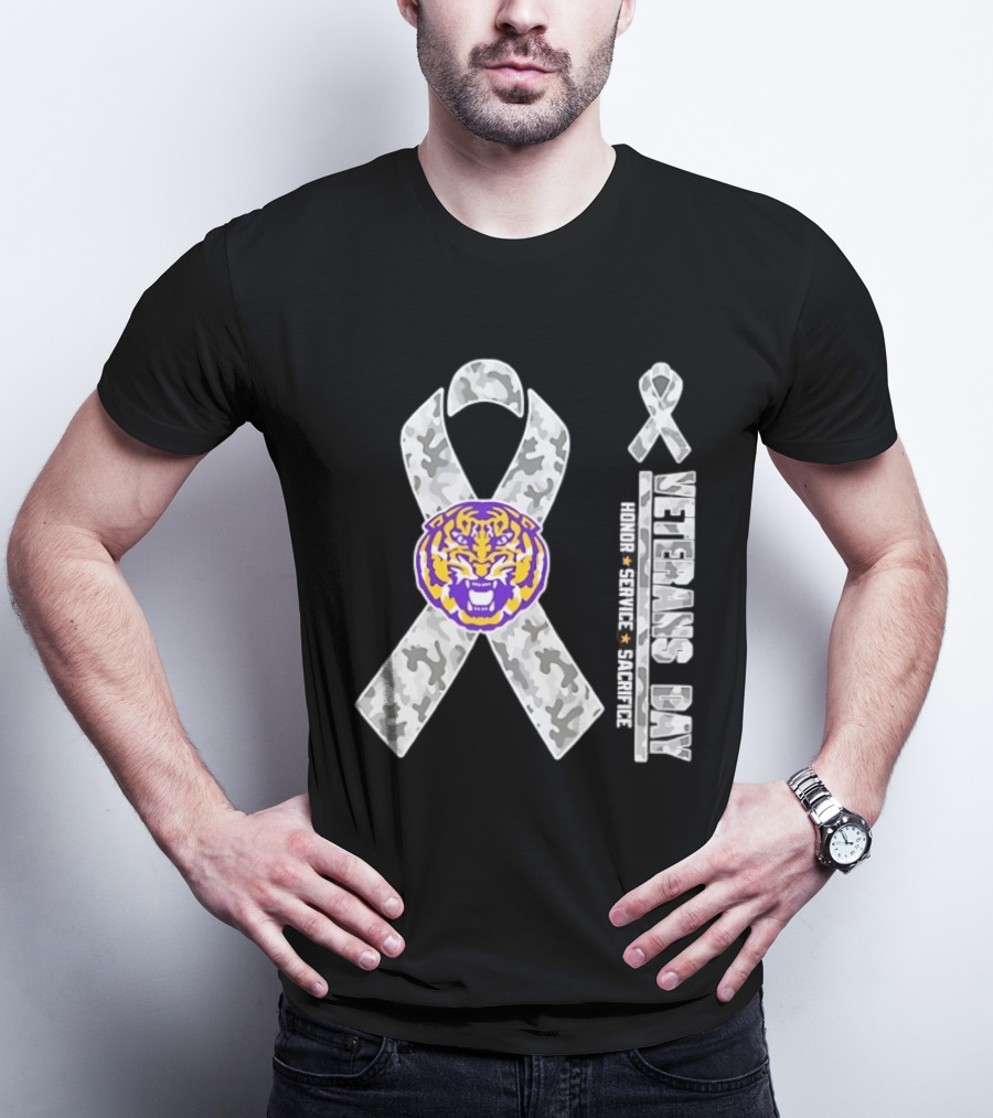 LSU Tigers Veterans Day 2026 Camouflage Ribbon Honor Service Sacrifice T-Shirt