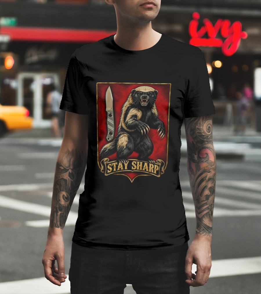 Stay Sharp Wolverine Knife Red Shield T-Shirt