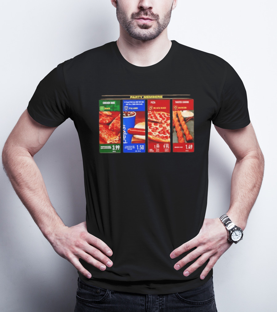 Party Members Menu Chicken Bake Sage Paladin Beverage Hot Dog Black Mage Pepperoni Pizza Dancer Twisted Churro T-Shirt