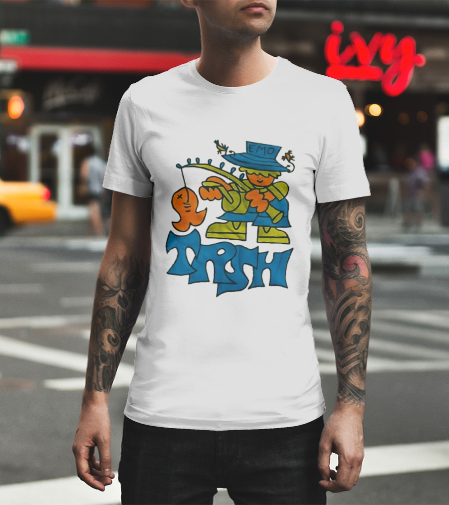 Emo Trsh Cartoon Fisherman Catching Orange Fish Wearing Blue And Green Outfit T-Shirt