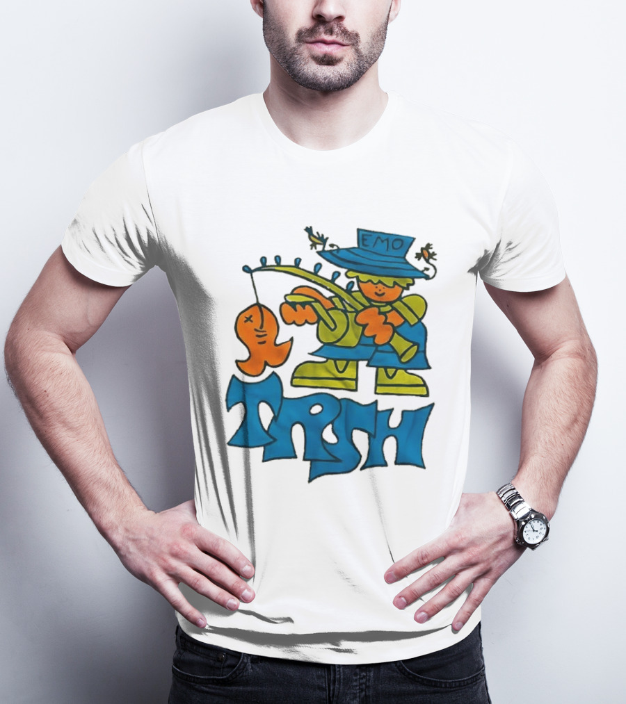 Emo Trsh Cartoon Fisherman Catching Orange Fish Wearing Blue And Green Outfit T-Shirt