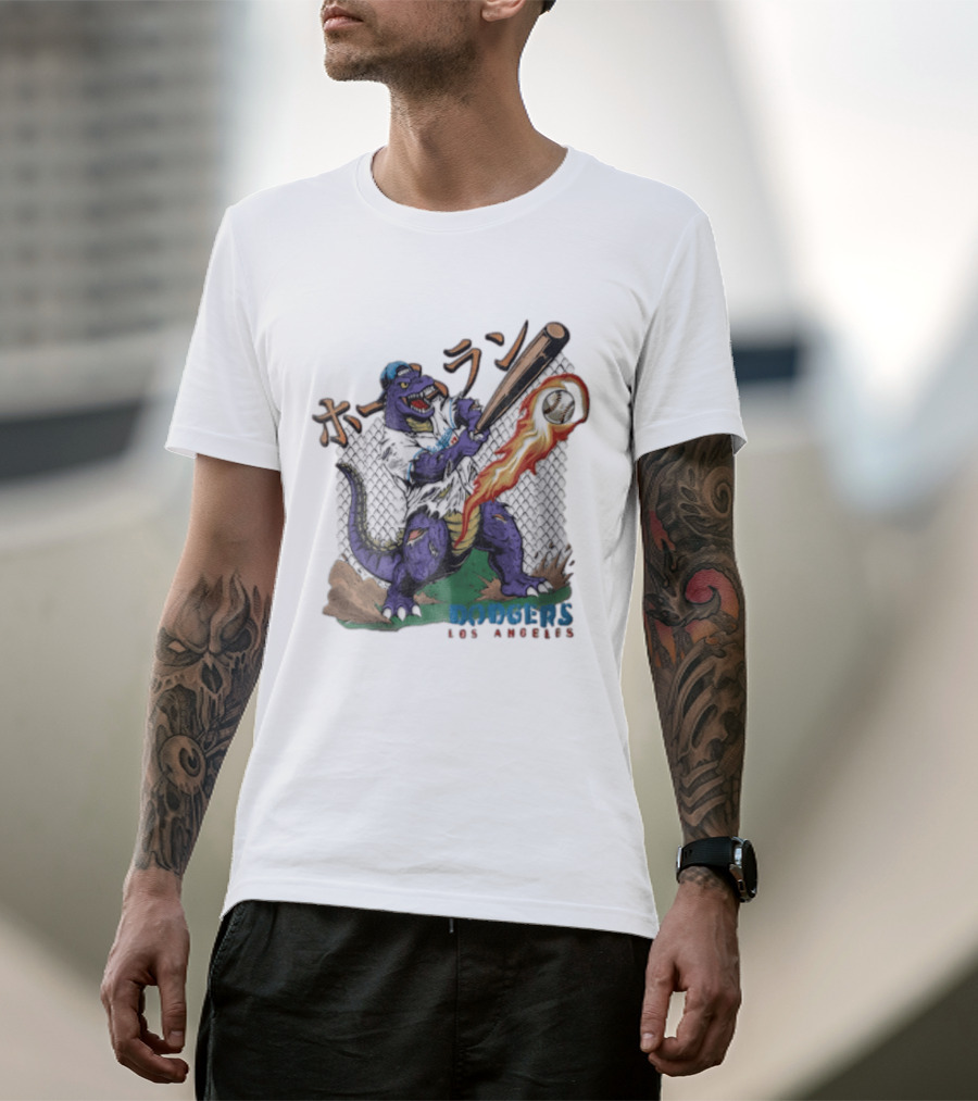 Dodgers Los Angeles Purple Dinosaur Baseball Player Batting With Flaming Ball T-Shirt