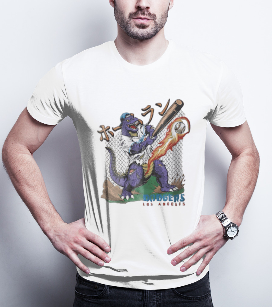 Dodgers Los Angeles Purple Dinosaur Baseball Player Batting With Flaming Ball T-Shirt