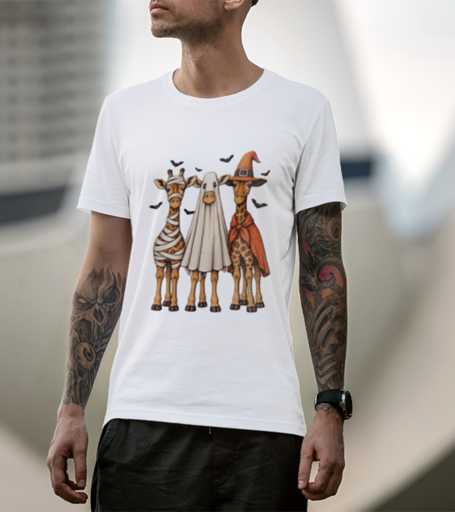 Giraffe Costume Halloween Mummy Ghost Witch Trio T-Shirt
