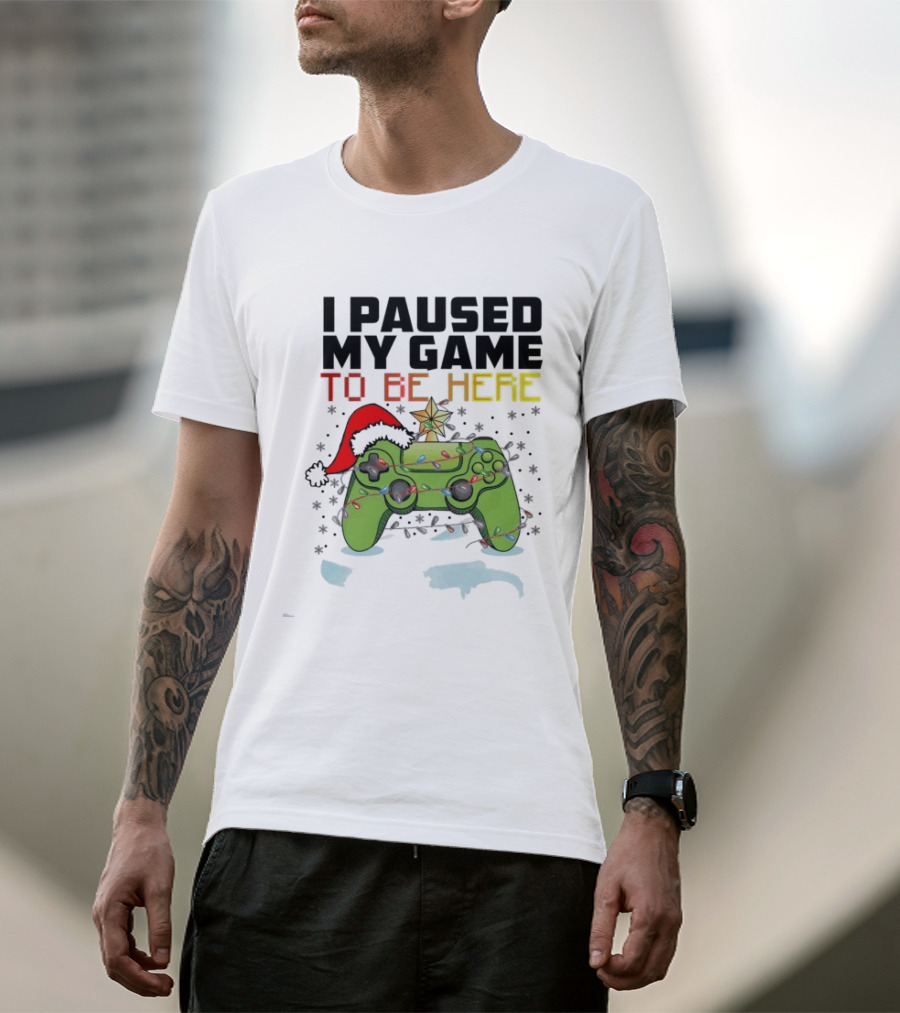 I Paused My Game To Be Here Christmas Gamer Controller Holiday Lights Santa Hat T-Shirt