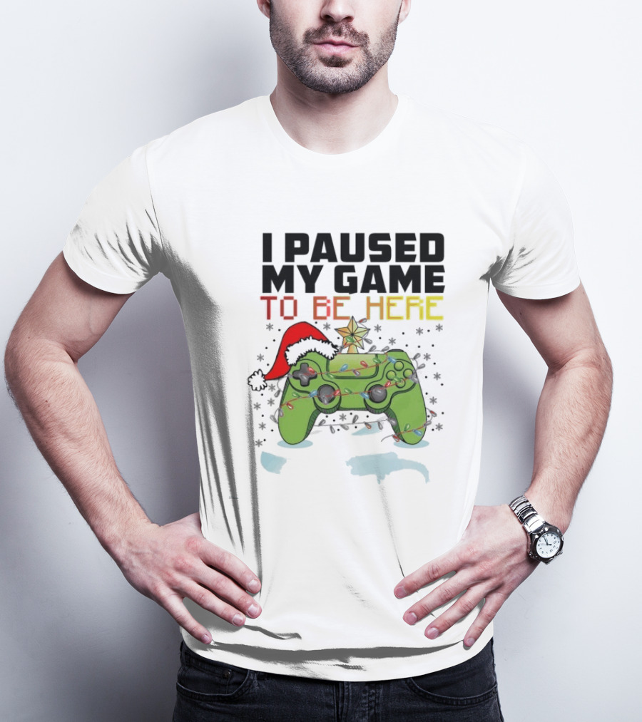 I Paused My Game To Be Here Christmas Gamer Controller Holiday Lights Santa Hat T-Shirt