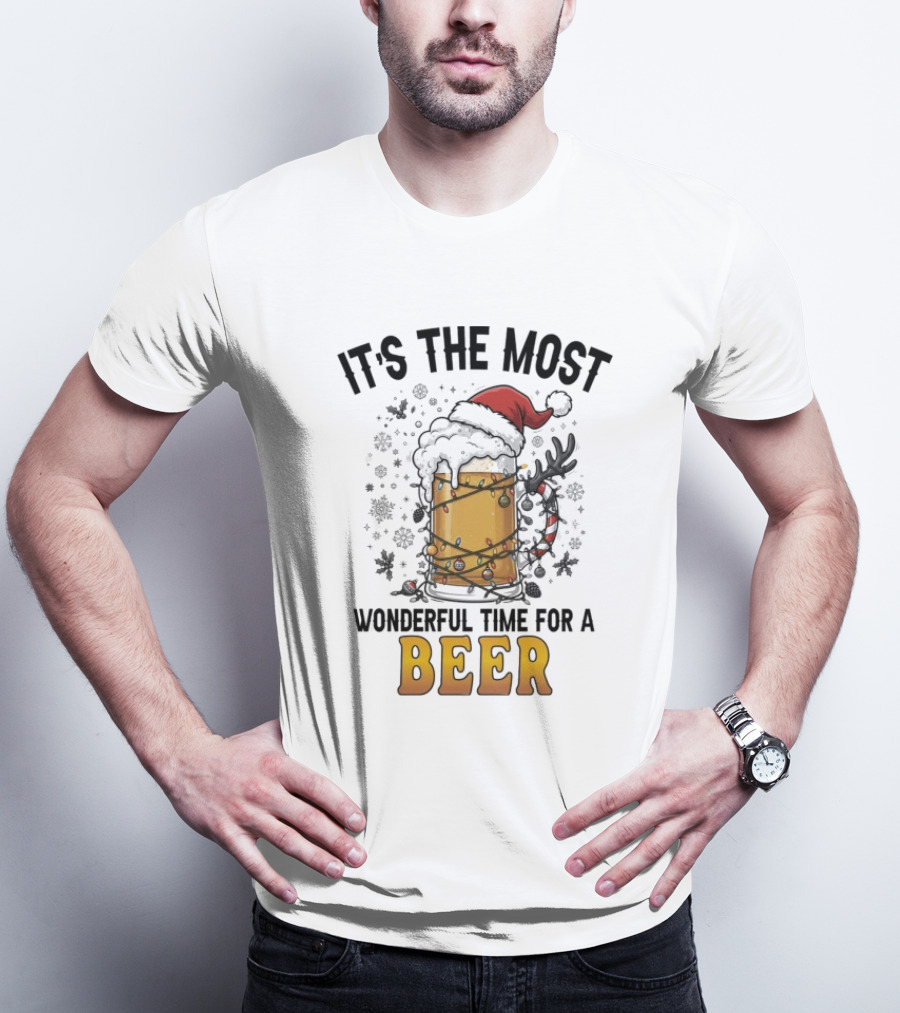 It's The Most Wonderful Time For A Beer Christmas Santa Hat Festive Cheers T-Shirt