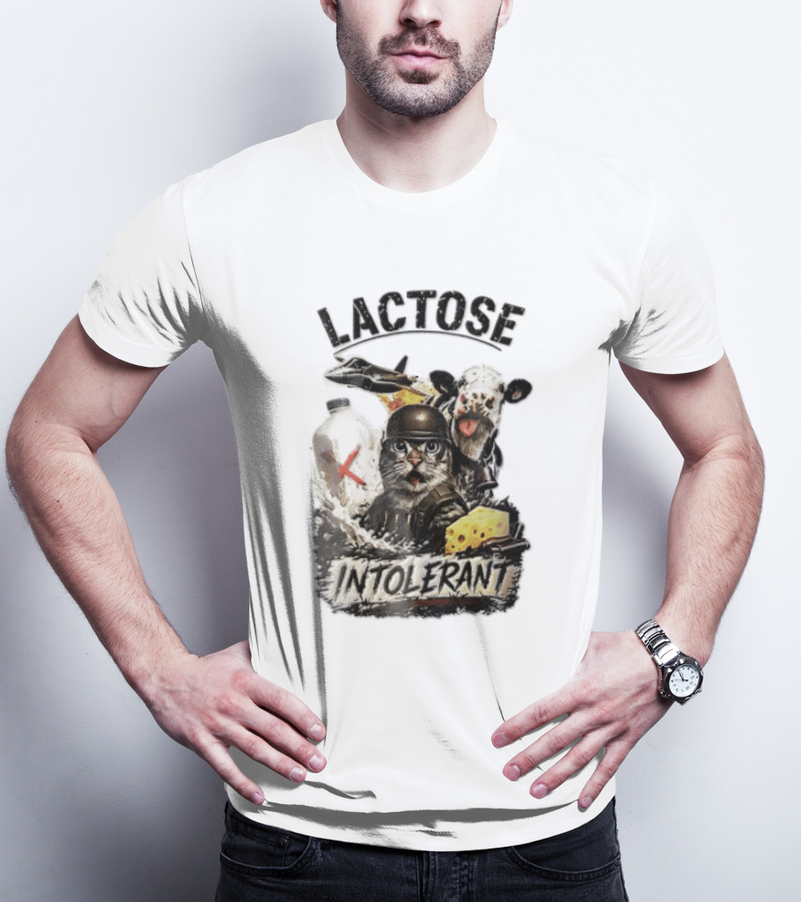 Lactose Intolerant Cat Soldier Cow Milk Cheese Jet T-Shirt