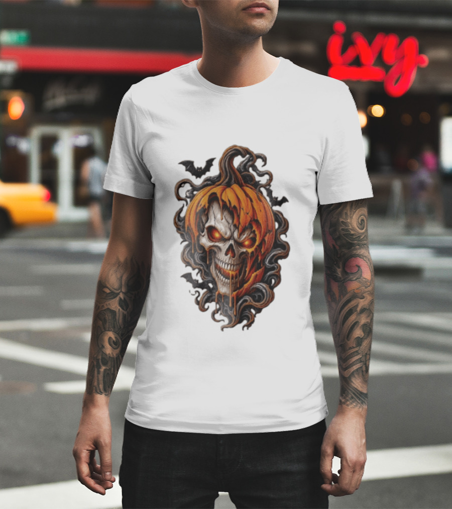 Skull Rage Halloween Pumpkin With Bats And Flames T-Shirt