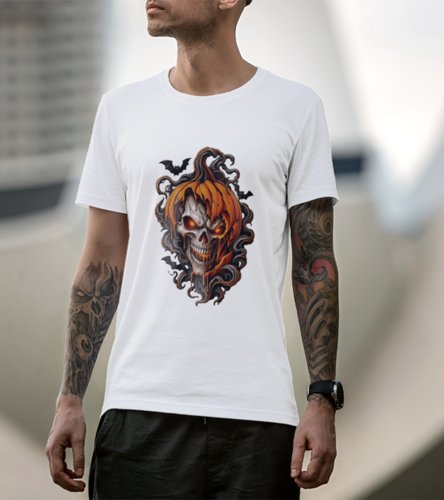 Skull Rage Halloween Pumpkin With Bats And Flames T-Shirt