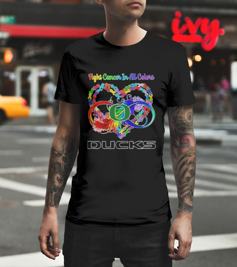 Oregon Ducks Fight Cancer In All Colors All Cancer Awareness Ribbon Heart T-Shirt