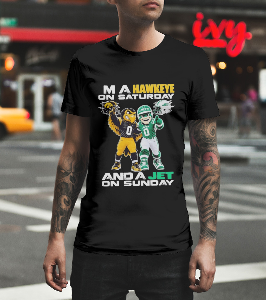 Hawkeye On Saturday Jets On Sunday Football Mascots T-Shirt