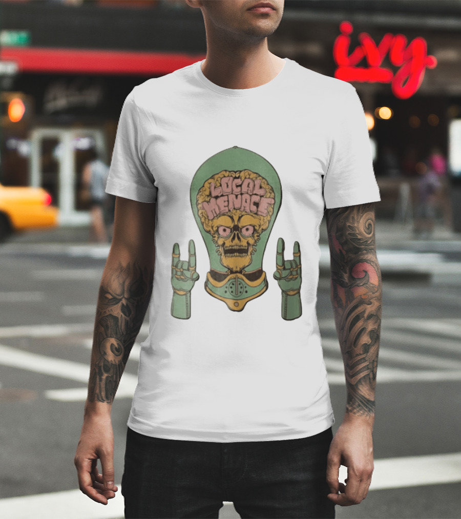 Local Menace Skull Exposed Brain Lightbulb Rock Hand Signs T-Shirt