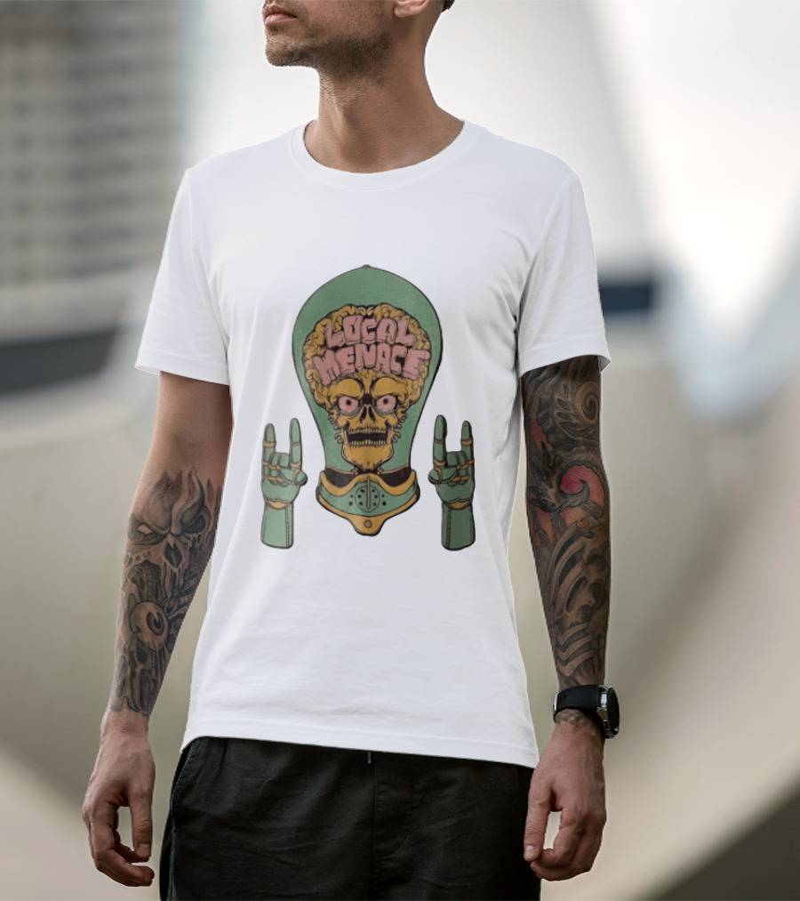 Local Menace Skull Exposed Brain Lightbulb Rock Hand Signs T-Shirt