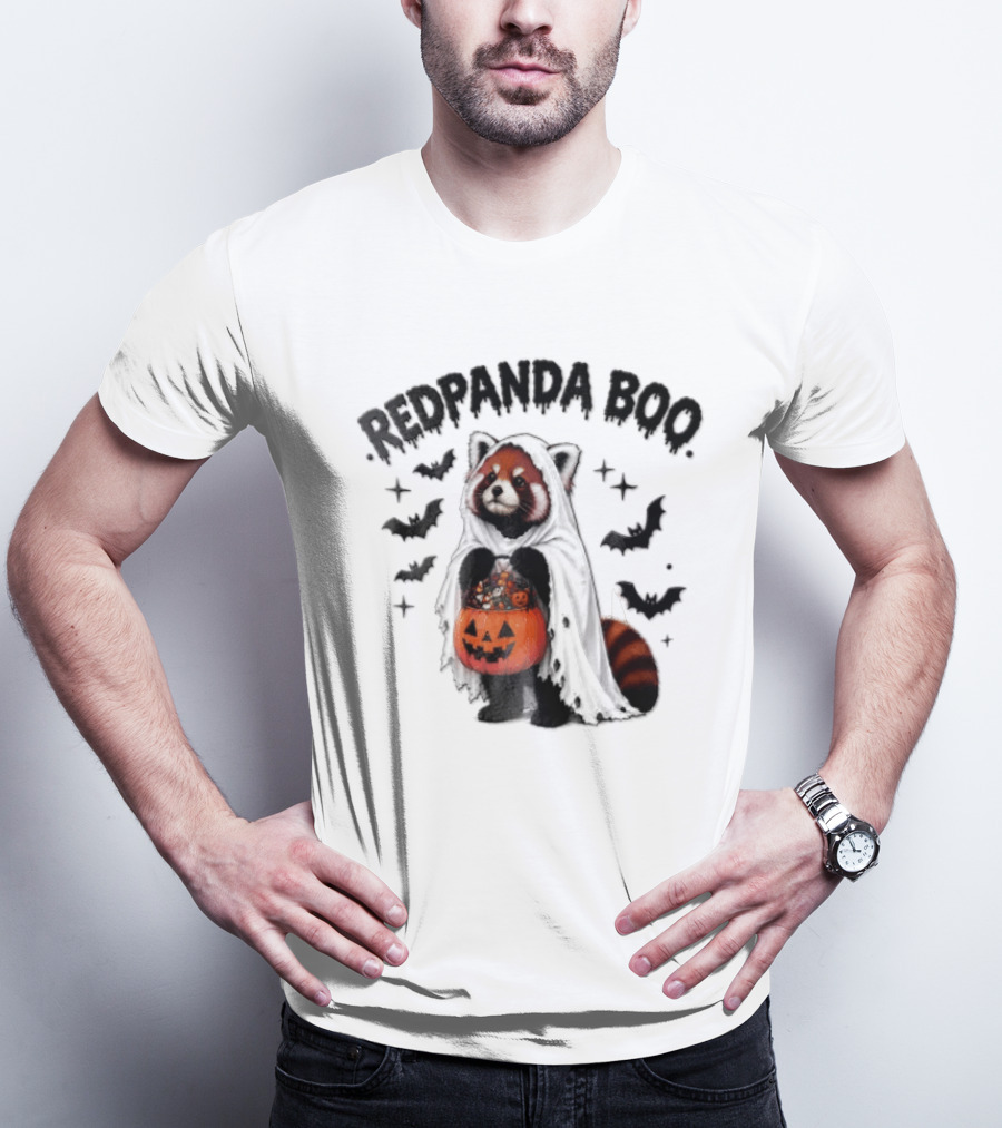 Redpanda Boo Cute Red Panda Costume With Pumpkin Candy Bucket And Bats T-Shirt