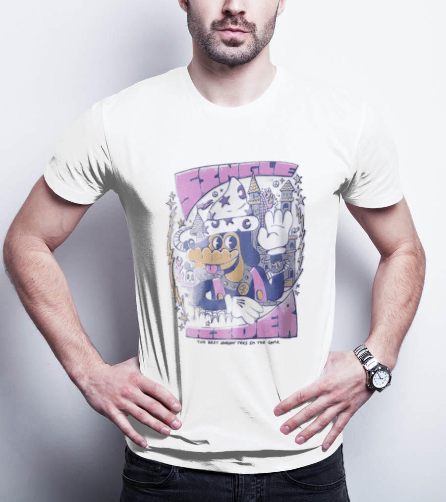 Single Rider Cartoon Dog Wizard With Hat And Spiked Collar Retro Fantasy Scene T-Shirt