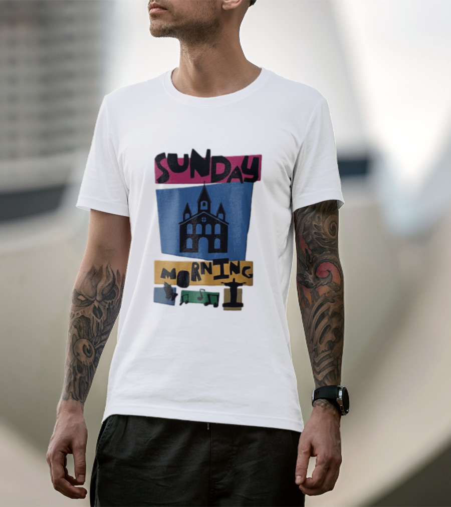 Sunday Morning Church Building Praying Hands Musical Notes Christ The Redeemer T-Shirt