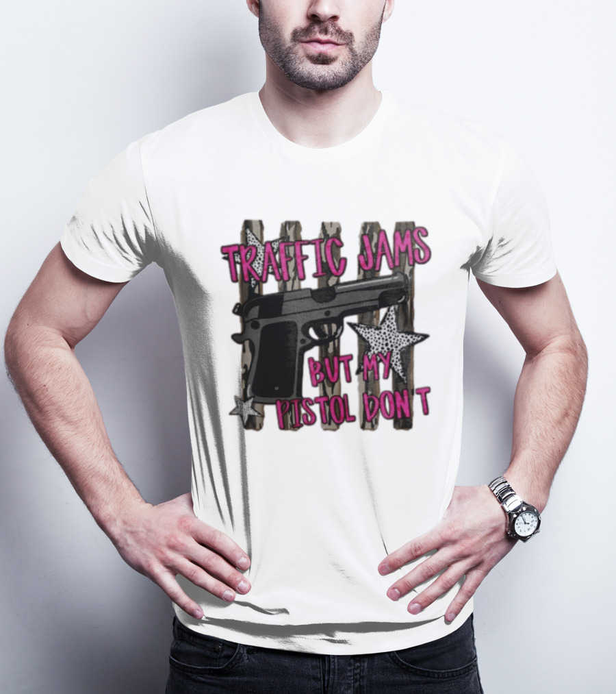 Traffic Jams But My Pistol Don't Handgun Over Stripes Leopard T-Shirt