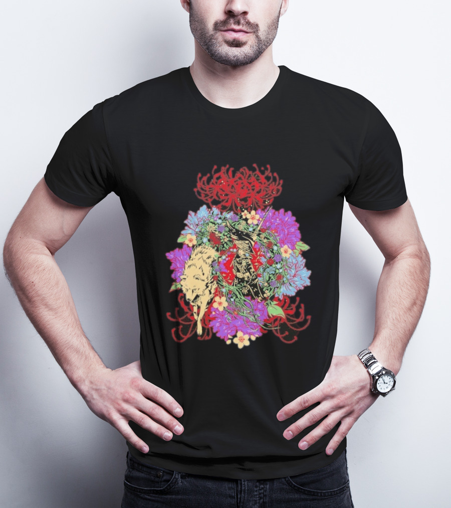 Beast Of Reincarnation Blooming Artistic Floral Samuraи Wolf Fusion T-Shirt