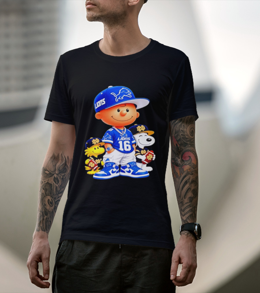 Charlie Brown Snoopy Woodstock Detroit Lions 16 Jersey Notre Dame Iconic Peanuts Characters T-Shirt