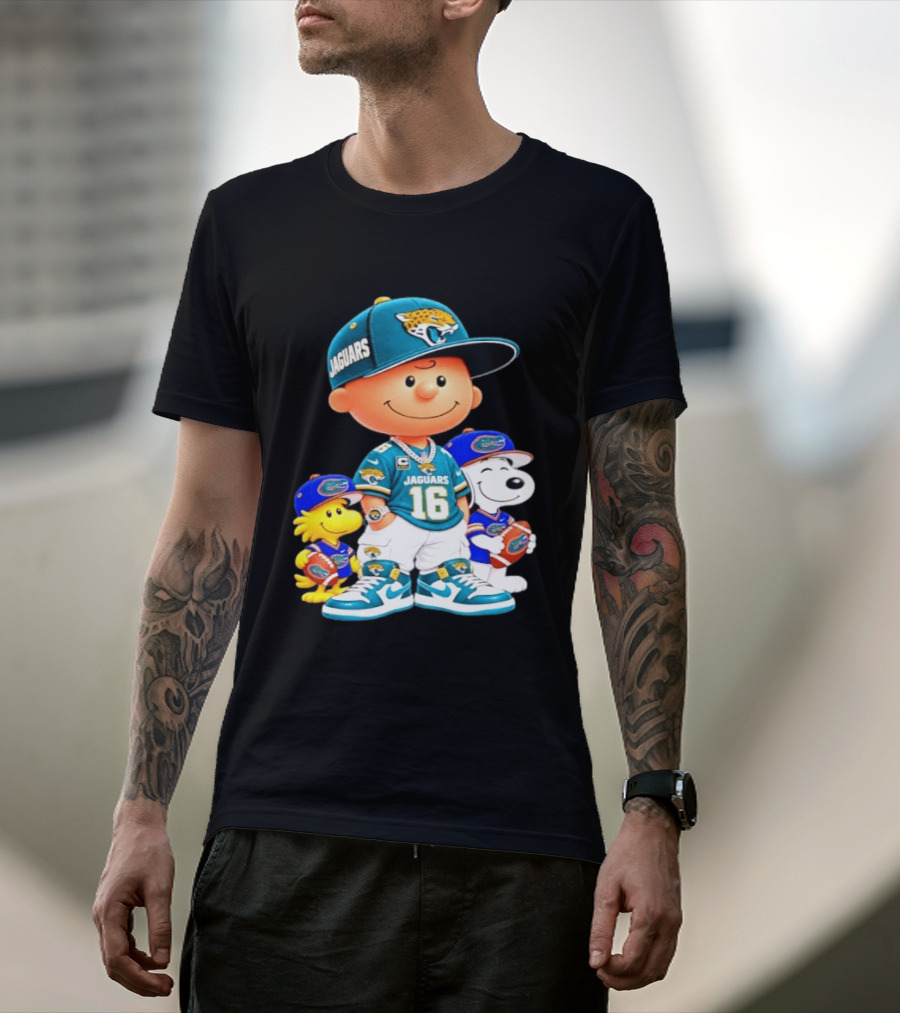 Charlie Brown With Snoopy And Woodstock Jacksonville Jaguars 16 Jersey Peanuts Football Fan Gear T-Shirt