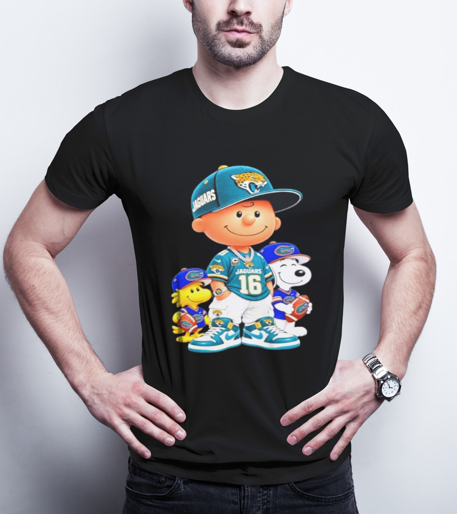 Charlie Brown With Snoopy And Woodstock Jacksonville Jaguars 16 Jersey Peanuts Football Fan Gear T-Shirt