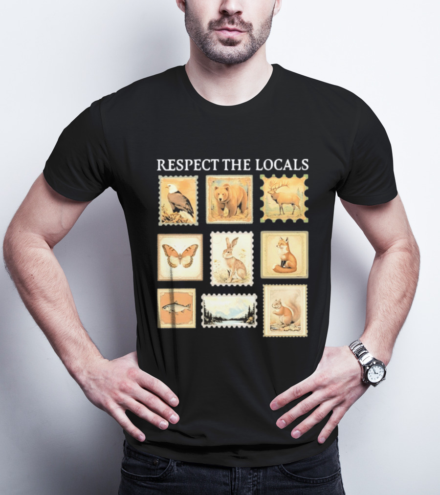 Respect The Locals Wildlife Stamp Collection With Bear Fox And Eagle T-Shirt