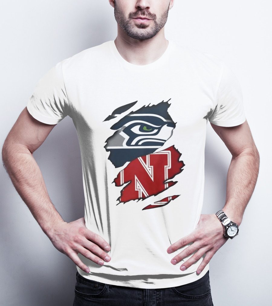 Seattle Seahawks And Nebraska Cornhuskers Split Torn Fabric Blend T-Shirt