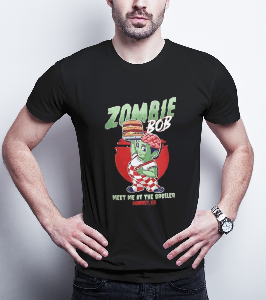 Zombie Bob Meet Me At The Broiler Downey CA Green With Exposed Brain T-Shirt