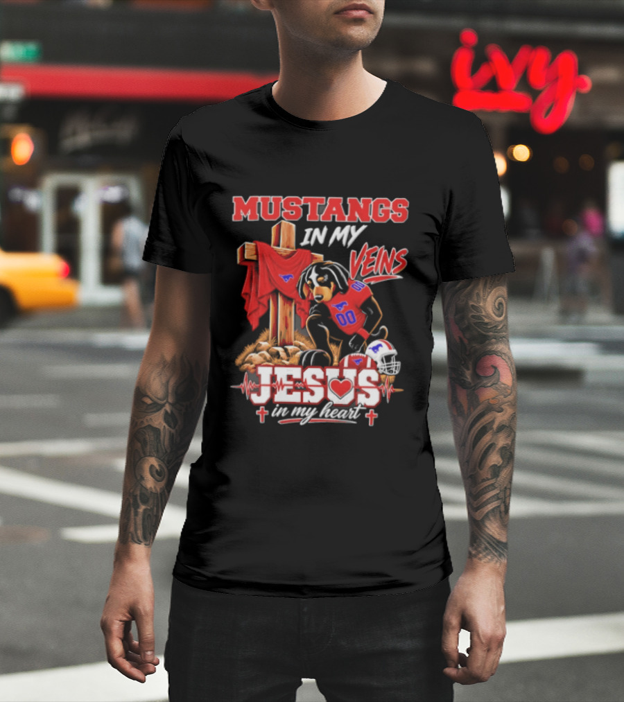 Mustangs In My Veins Football Faith Jesus In My Heart T-Shirt