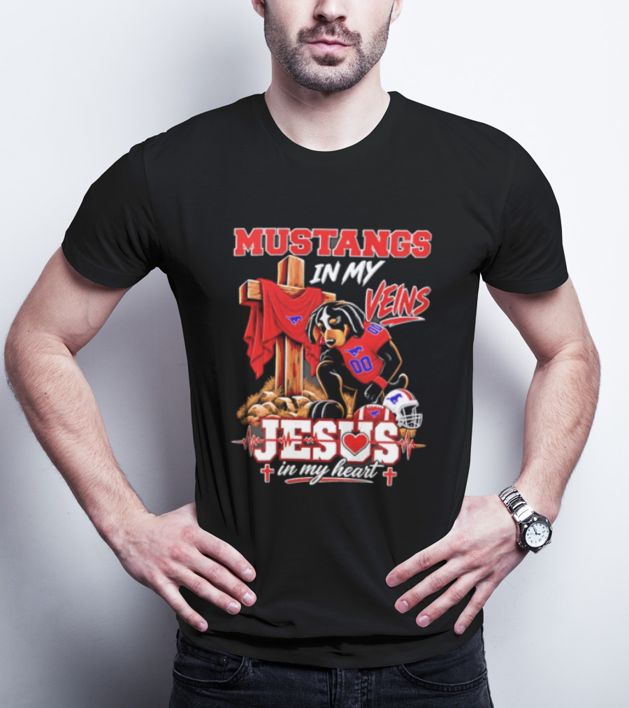 Mustangs In My Veins Football Faith Jesus In My Heart T-Shirt