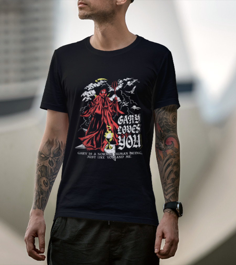 Gary Loves You Gary Is A Normal Human Being Just Like You And Me Red Cloaked Figure With Lightning And Clouds T-Shirt