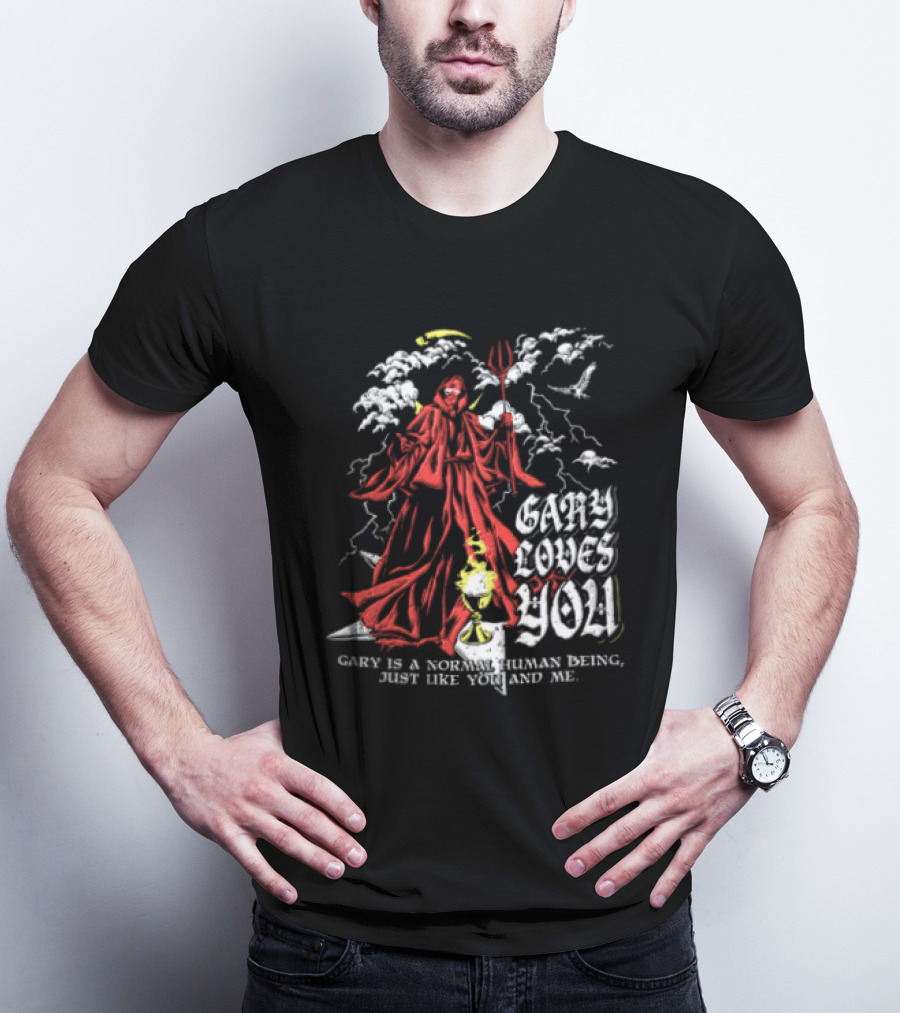 Gary Loves You Gary Is A Normal Human Being Just Like You And Me Red Cloaked Figure With Lightning And Clouds T-Shirt