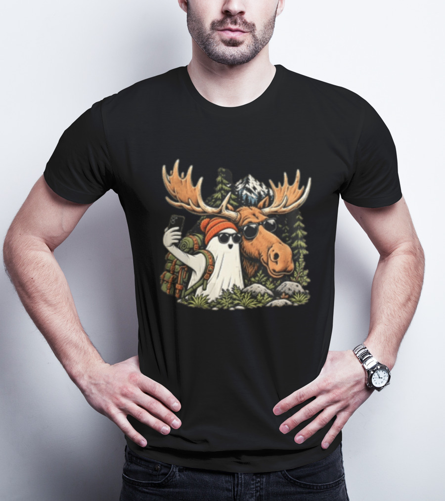 Ghost Backpack Selfie With Moose In Forest Adventure Scene T-Shirt