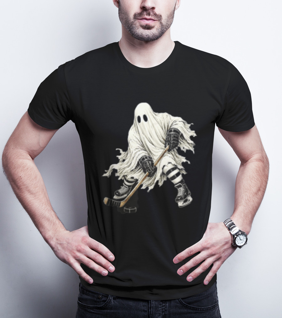 Halloween Ghost Playing Ice Hockey Costume Fun T-Shirt
