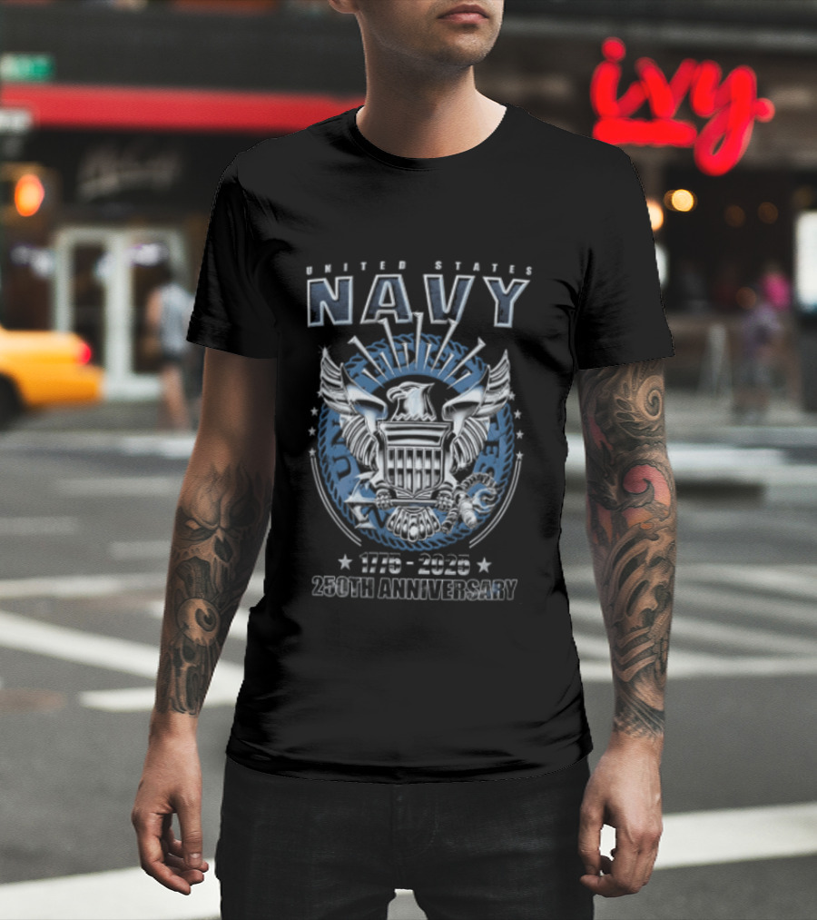 United States Navy 1775 2025 250th Anniversary Silver Eagle Holding Shield T-Shirt