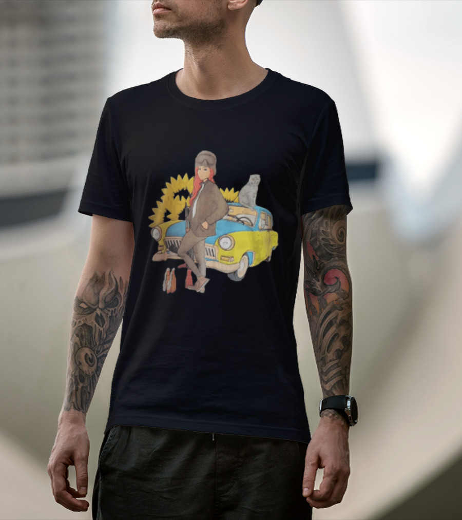 Woman Soldier With Cat On Vintage Car And Sunflowers T-Shirt