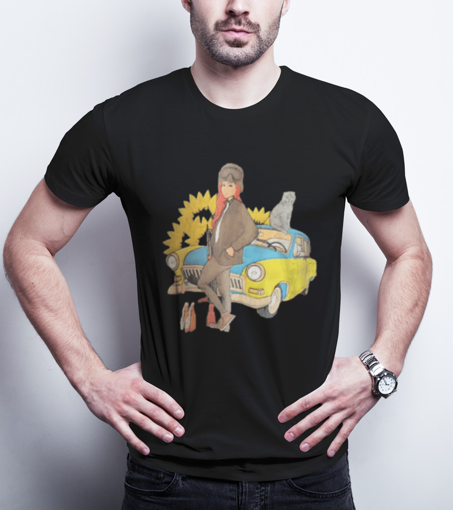 Woman Soldier With Cat On Vintage Car And Sunflowers T-Shirt