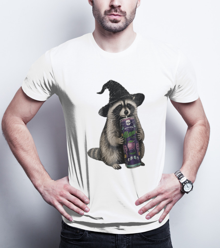 Alani Witches Brew Raccoon Witch Hat Can Holding T-Shirt