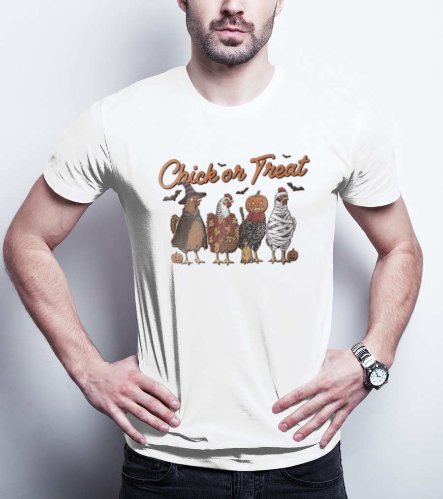Chick Or Treat Halloween Chickens In Witch Mummy Pumpkin Costumes With Autumn Leaves And Bats T-Shirt